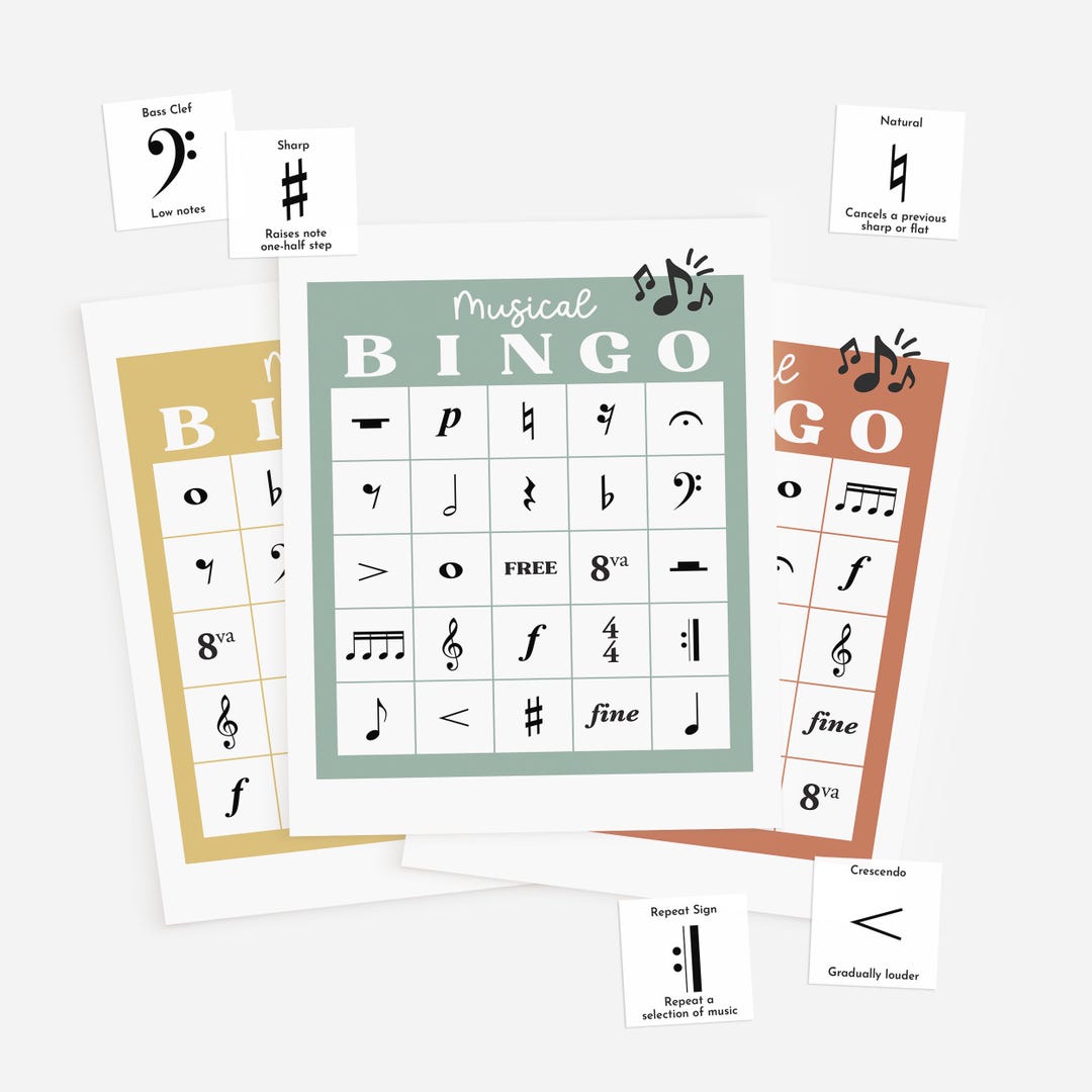 Music Bingo Printable, Music Theory Game, 6 Music Bingo Cards, Music ...
