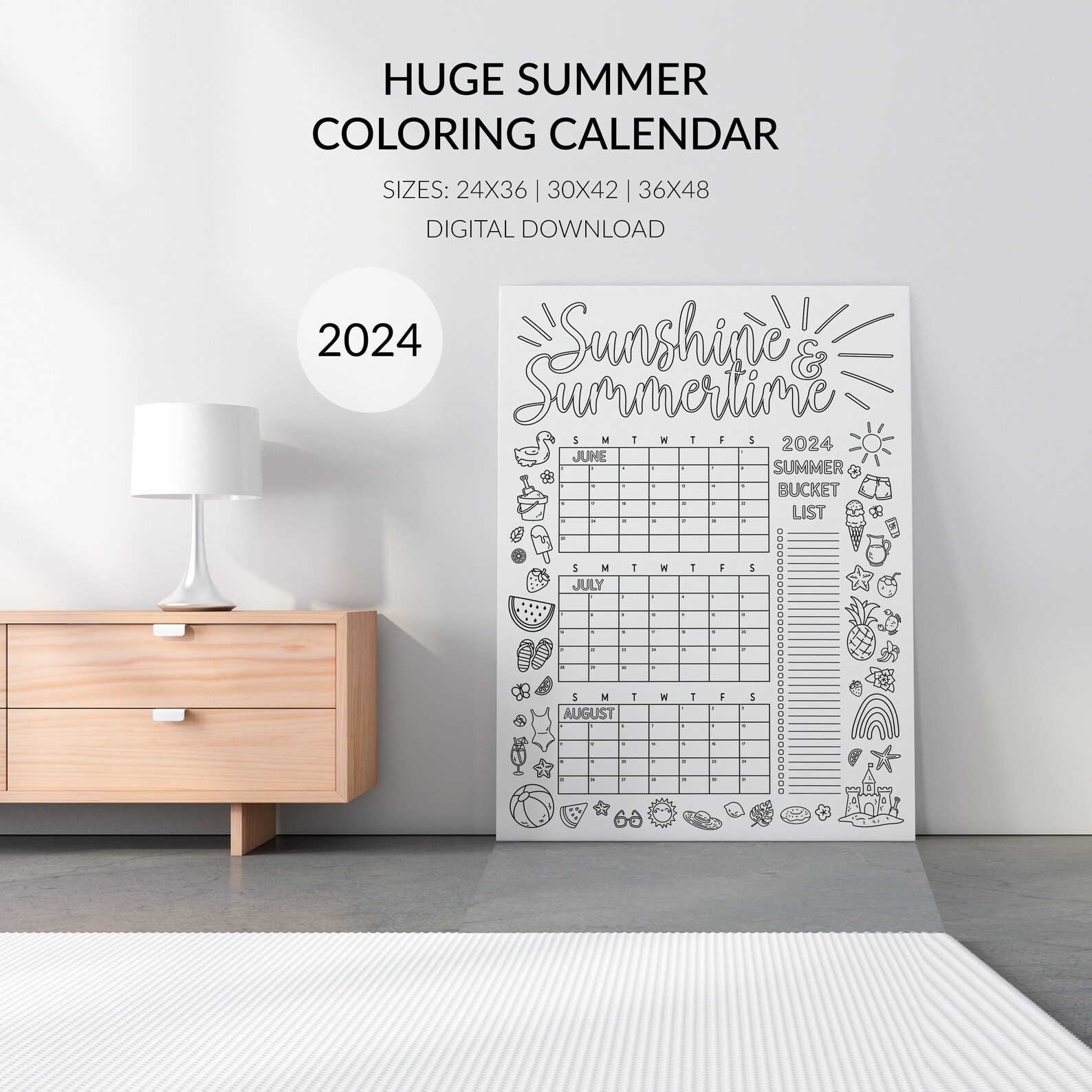 Huge Summer 2024 Coloring Wall Calendar, Giant Summer Planner Poster ...