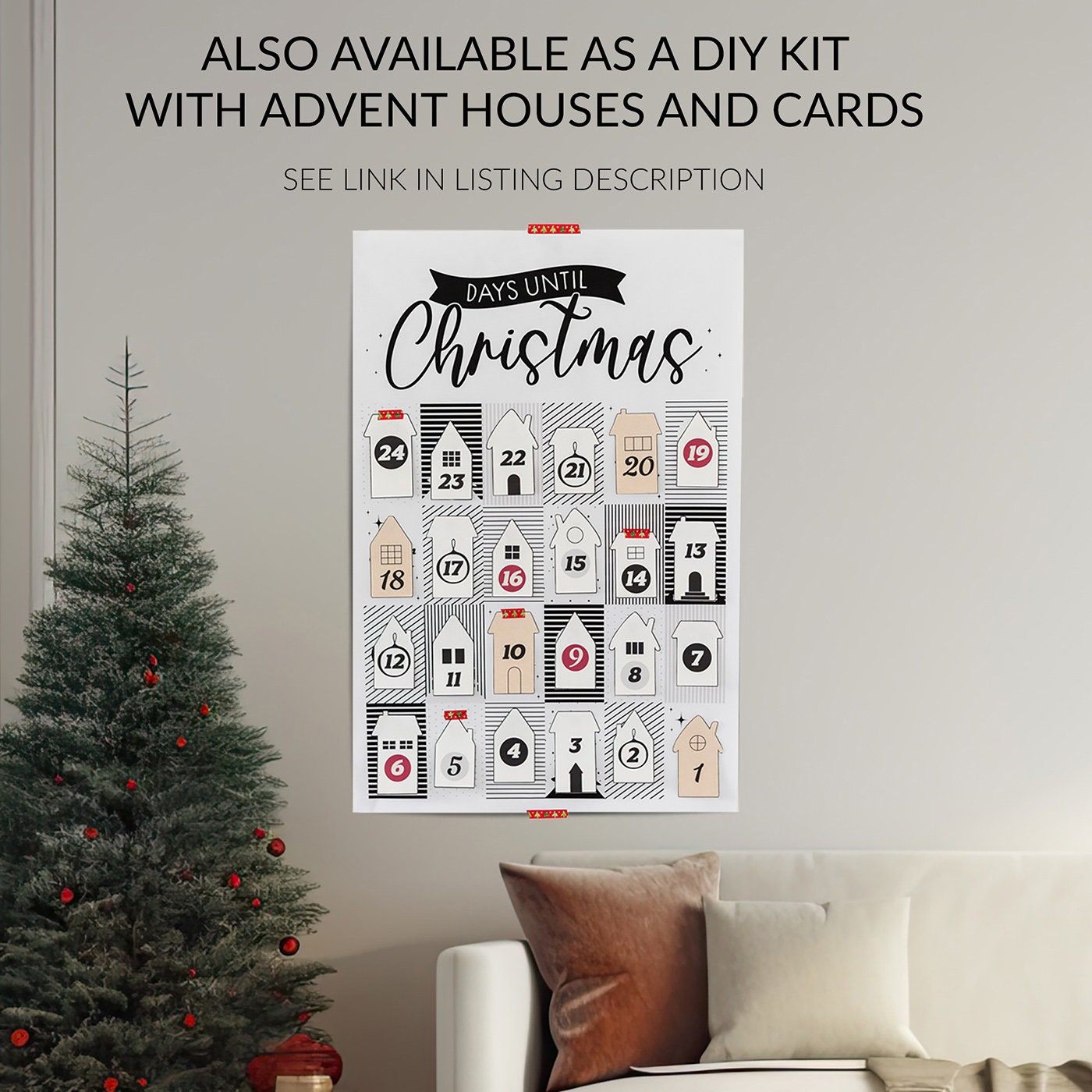Large Christmas Countdown Poster, Black and White Advent Calendar ...