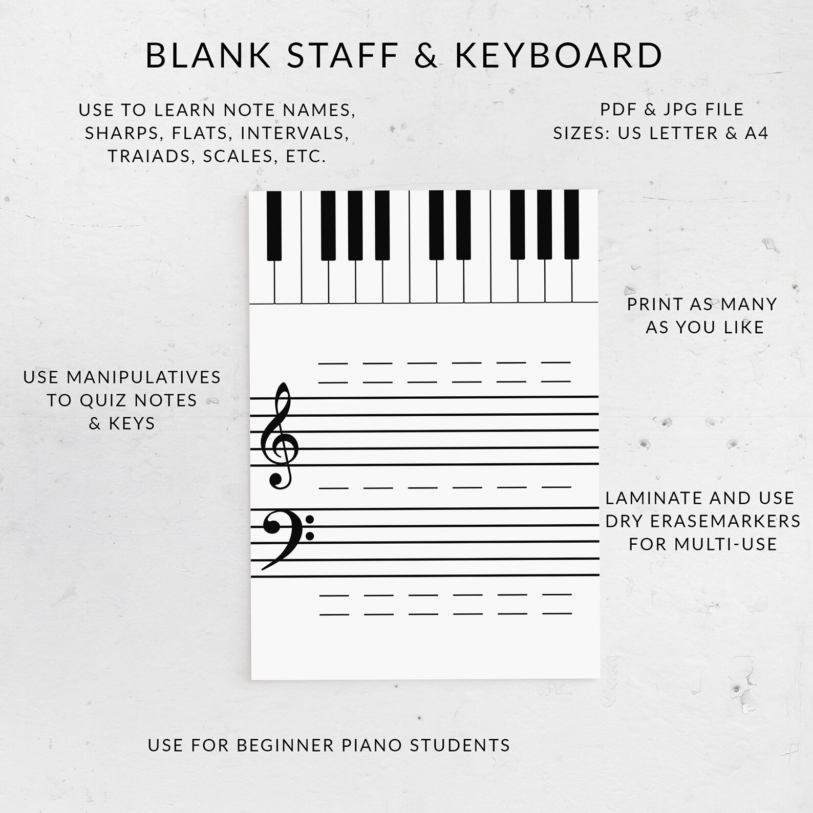 Printable Piano Keyboard & Music Staff Practice Sheet: Blank Treble ...