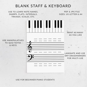 Music Staff and Piano Keyboard Printable, Piano Note Practice, Piano ...