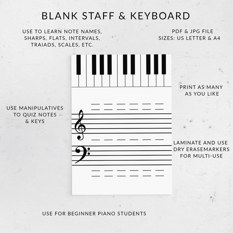Piano Keyboard and Music Staff Printable Practice Sheet (PDF & JPG) - Etsy