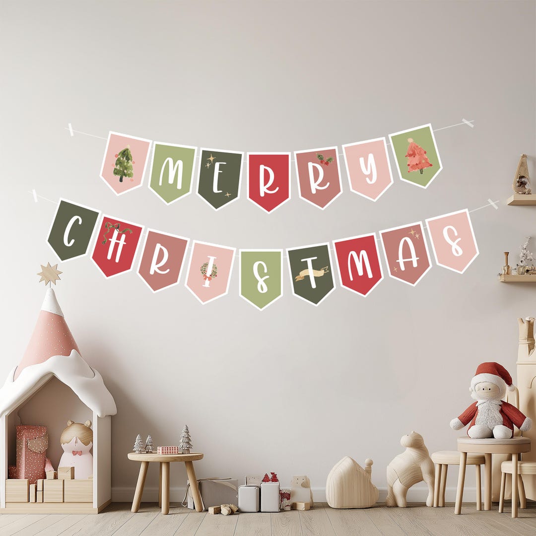 Printable Merry Christmas Banner: Watercolor Holiday Garland (digital ...