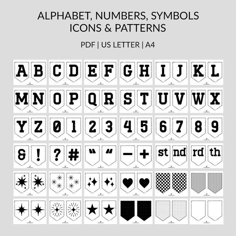 Printable Black and White Alphabet Banner: Letters, Numbers, Icons (PDF ...