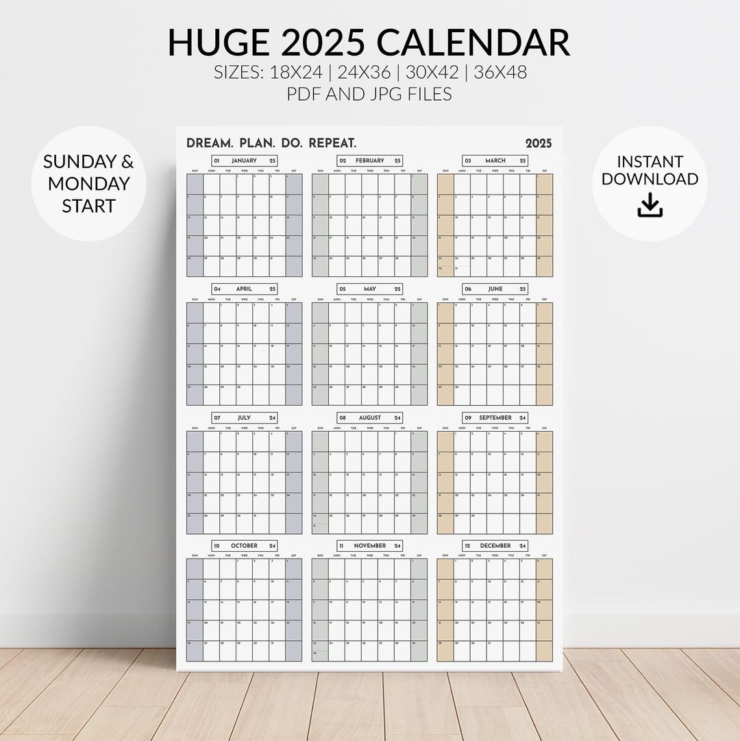 Large 2025 Yearly Wall Calendar, Sunday and Monday Start, Sizes 18x24 ...