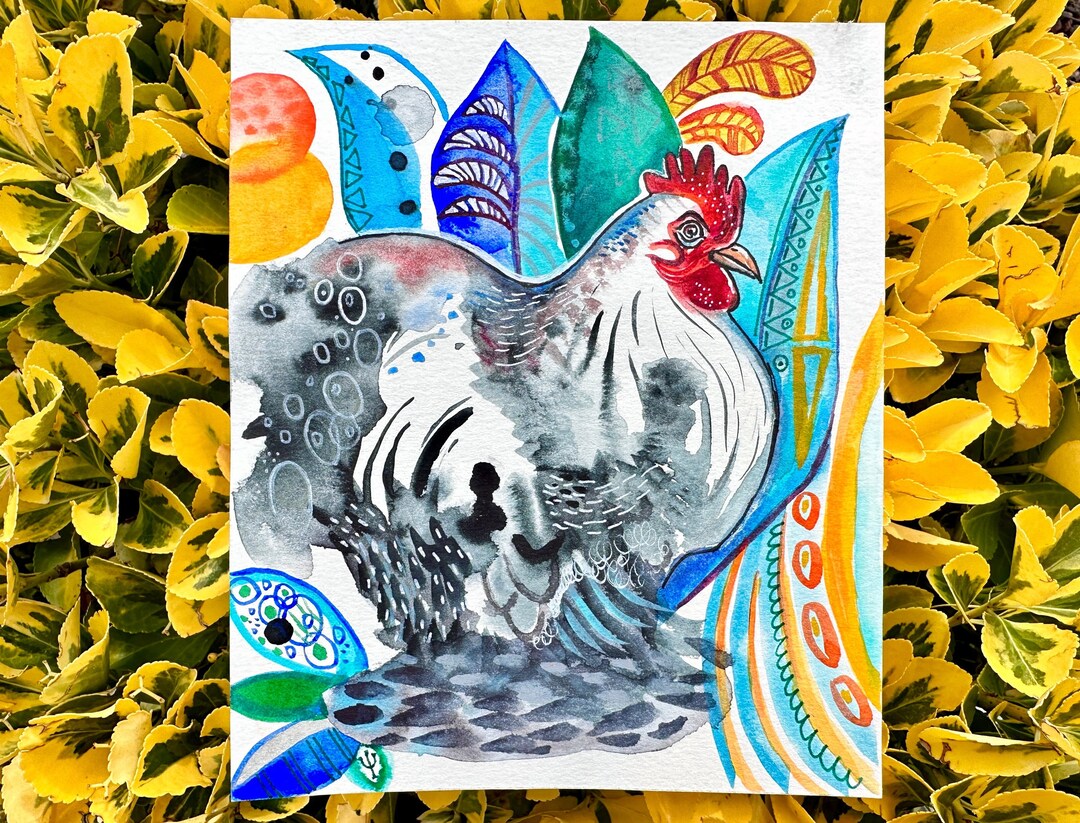 Colorful Chicken Art, Bantam Hen Original Painting, Small Boho ...