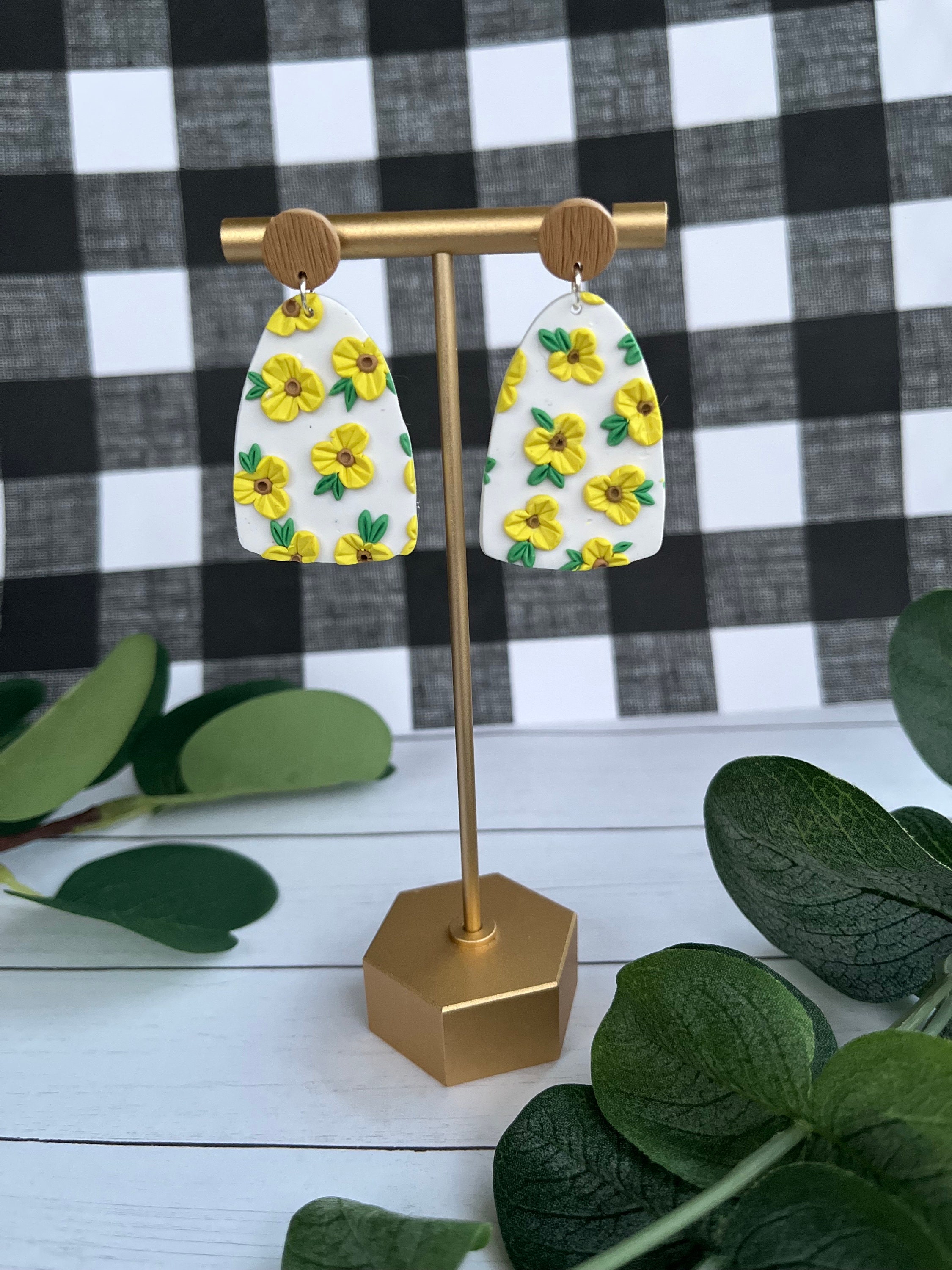 Yellow Jasmine - Handmade Flower - Faux Wood Stud - Cottagecore - Polymer Clay Dangle Earrings ...