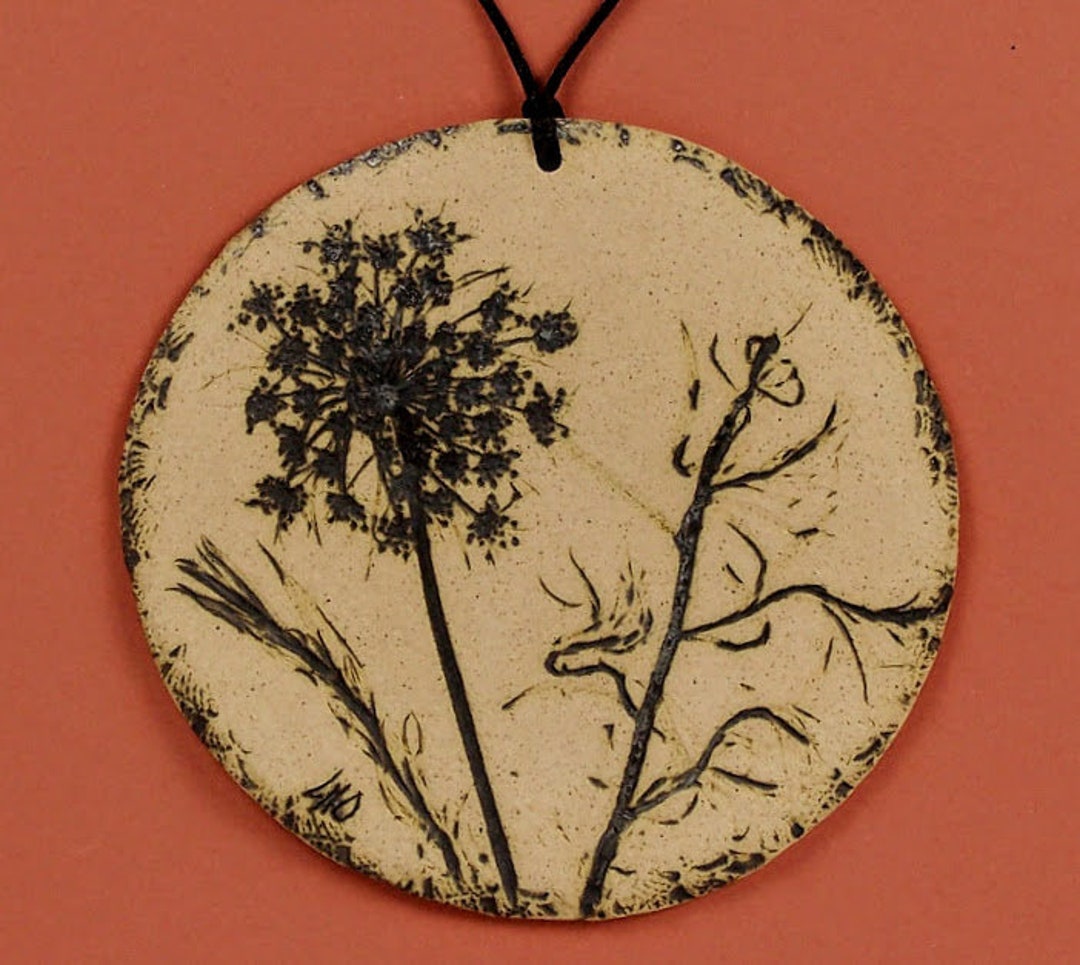 STONEWARE CLAY PLAQUE Nature Theme, Kiln Fired, Cream and Black Color ...