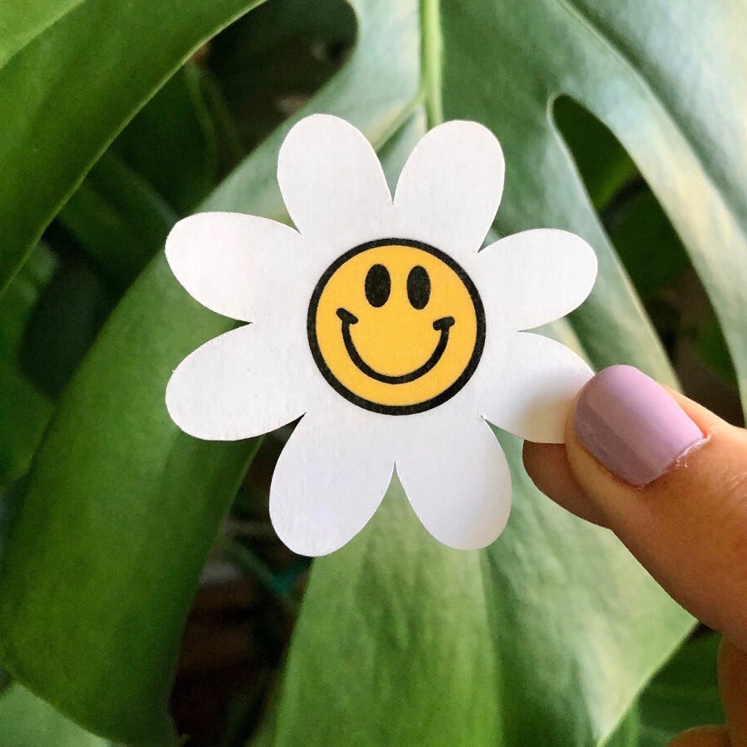 Daisy Happy Smiley Face Flower Holographic Sticker| Retro Hippie Groovy ...
