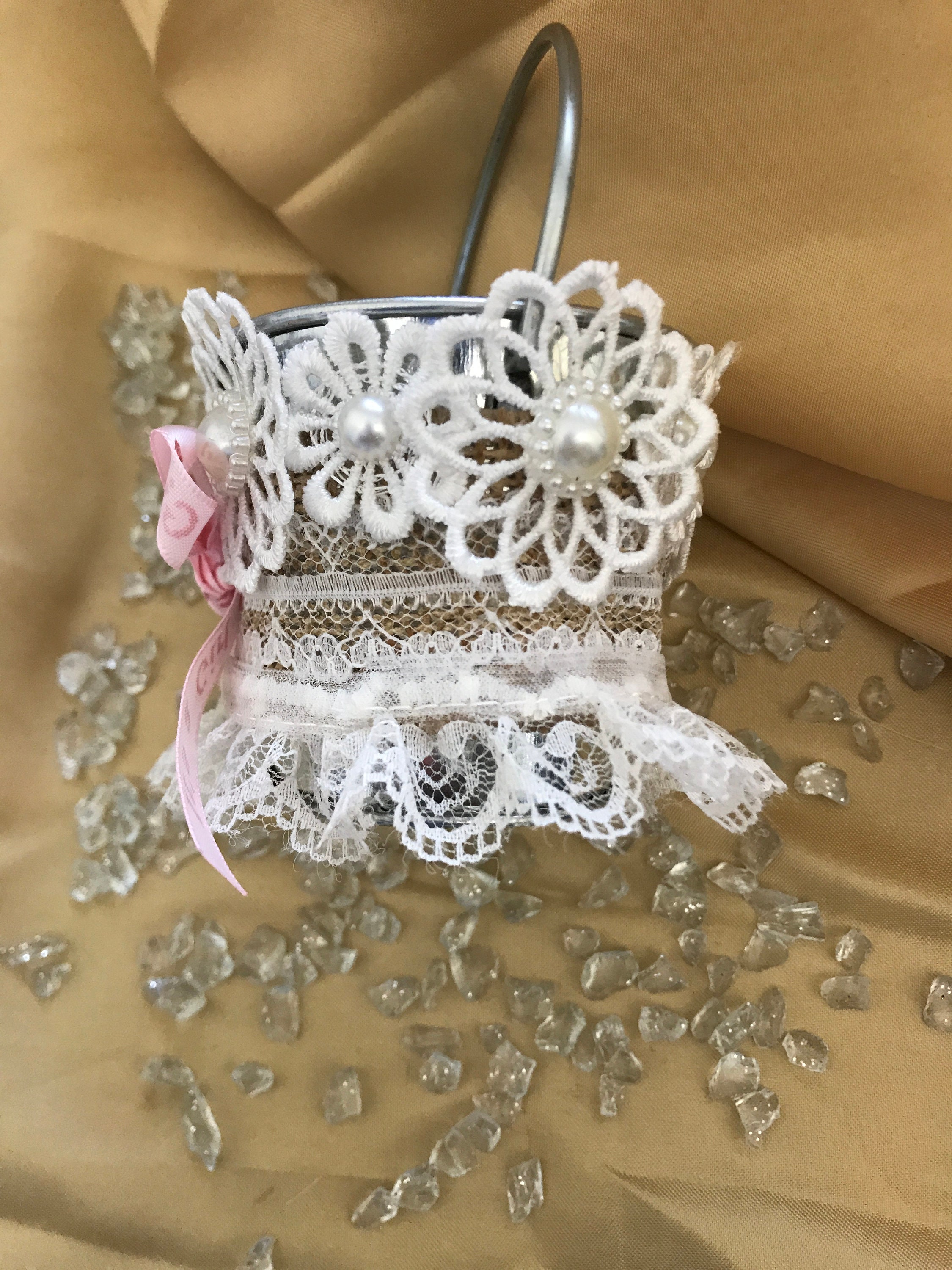 Metal Mini Size Bucket With Gum Balls Inside Decorated With Lace White ...