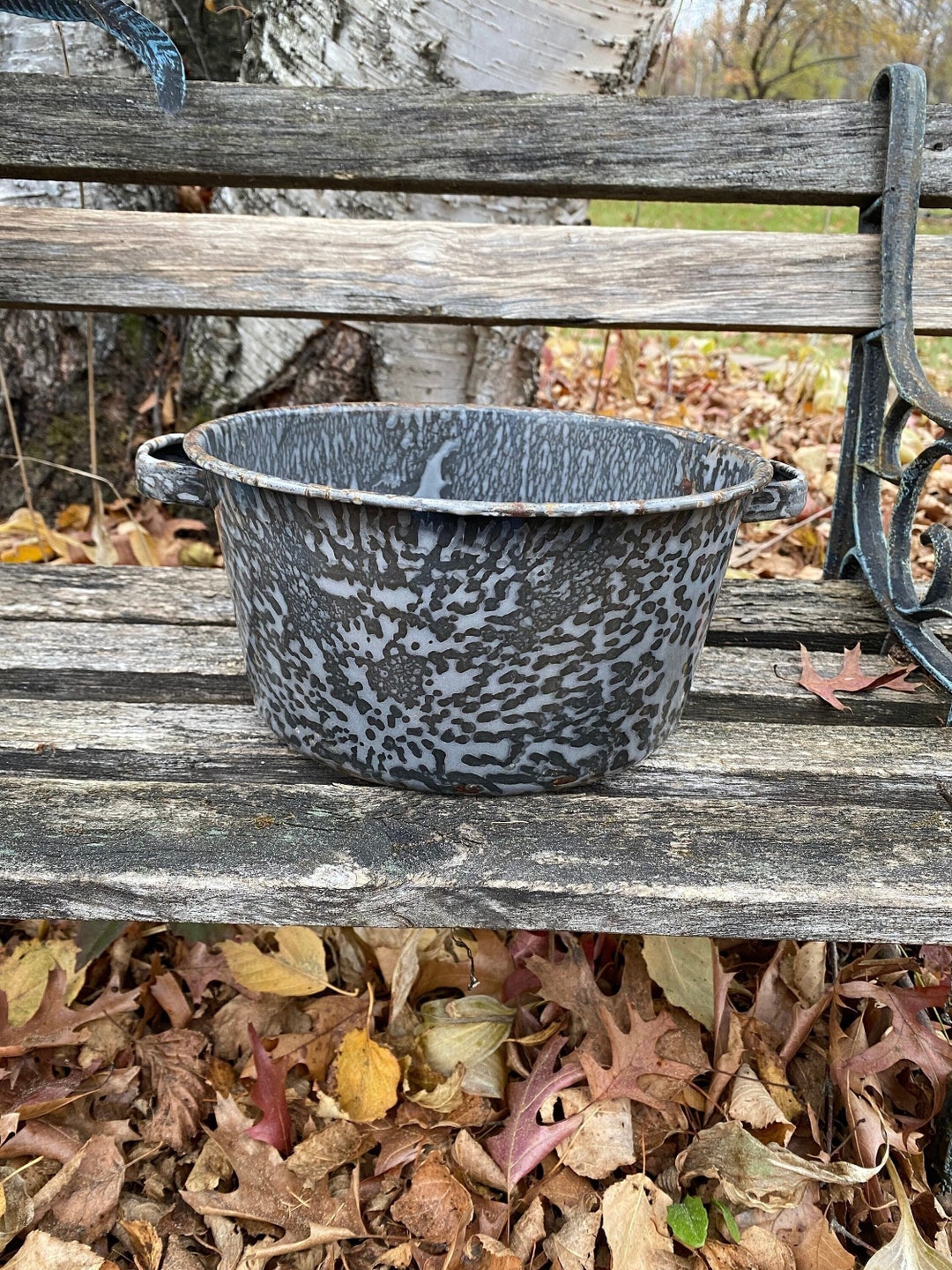 Vintage Marbled Graniteware Gray Splatterware Pot With Double Handles ...
