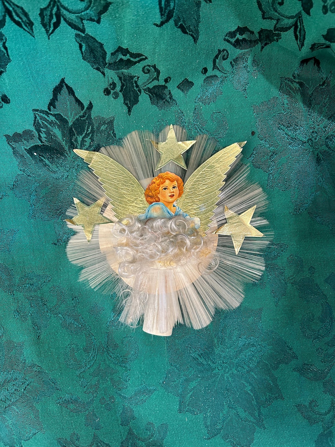 Vintage Angel Hair Spun Glass Christmas Angel Tree Topper With Die Cut ...