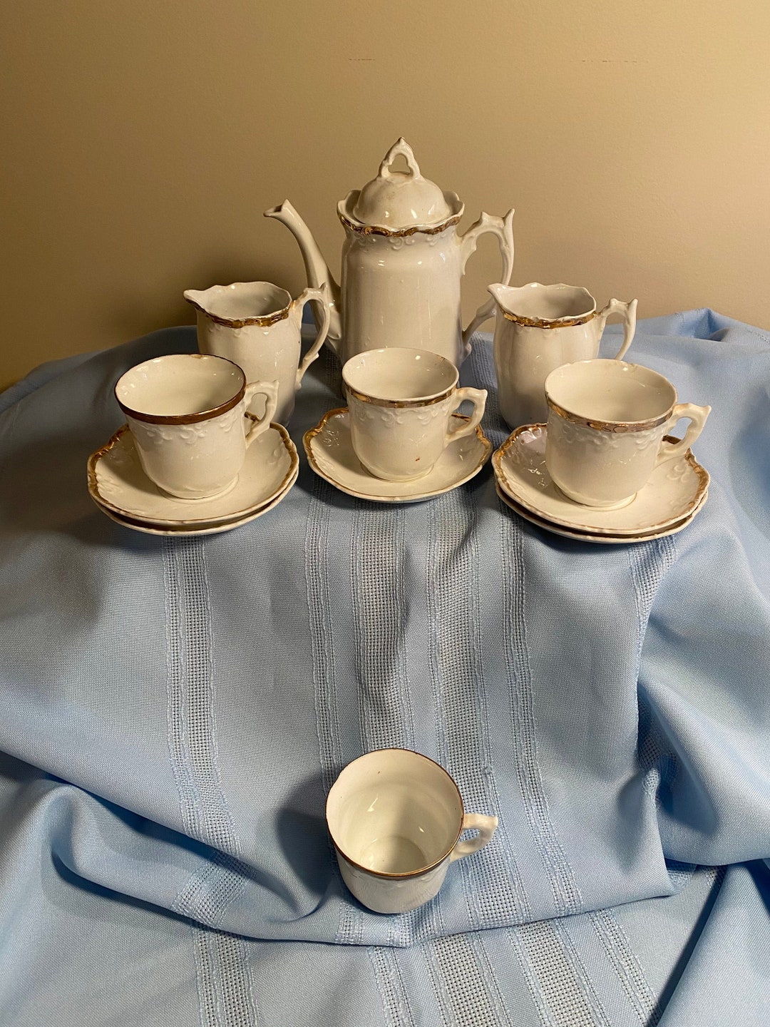Antique White Porcelain Child's Tea Set With Gold Leaf Marked "29" 13 ...