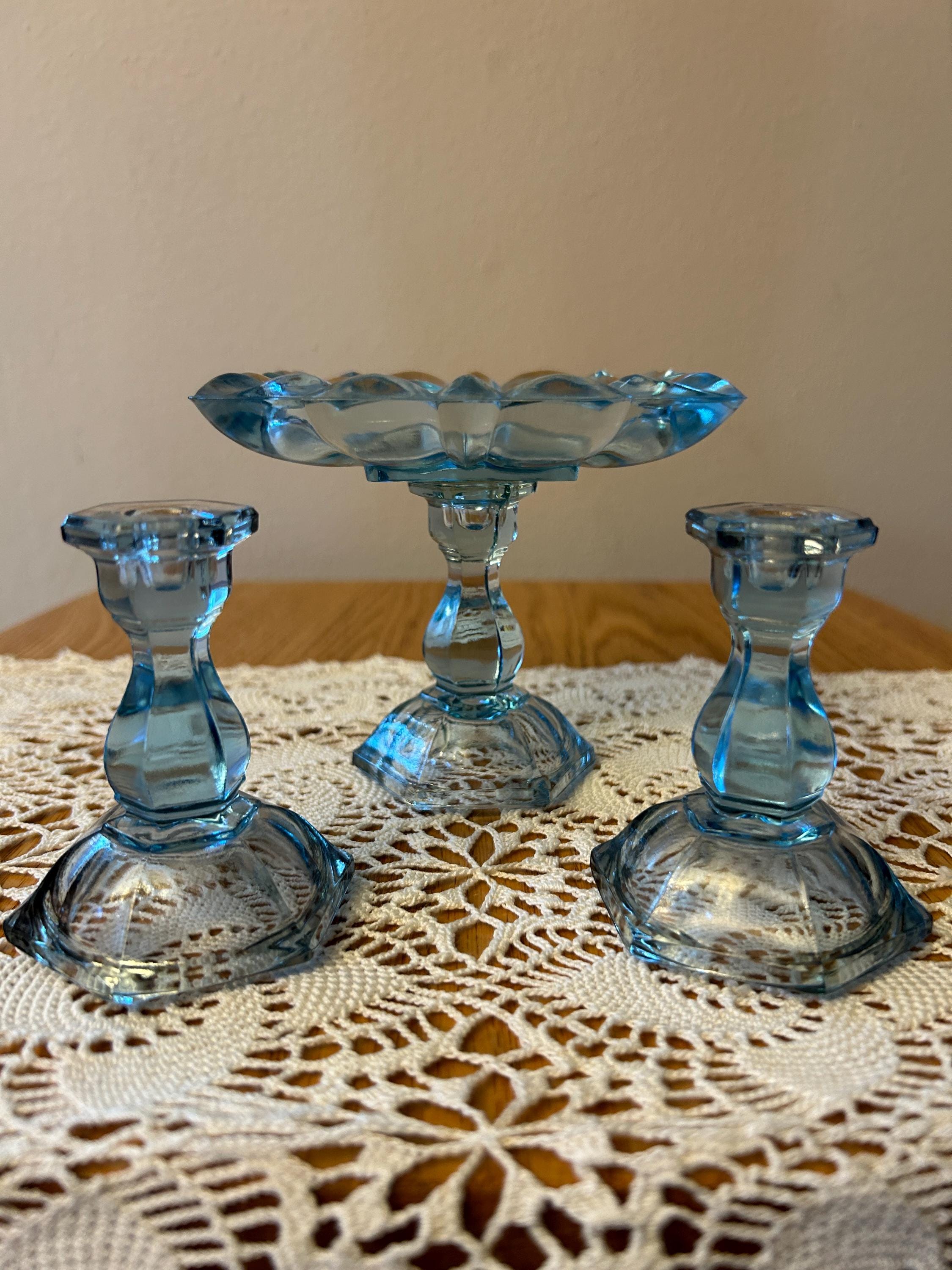 Blue Glass Footed Calling Card Tray and Candle Holders Tiara Indiana ...