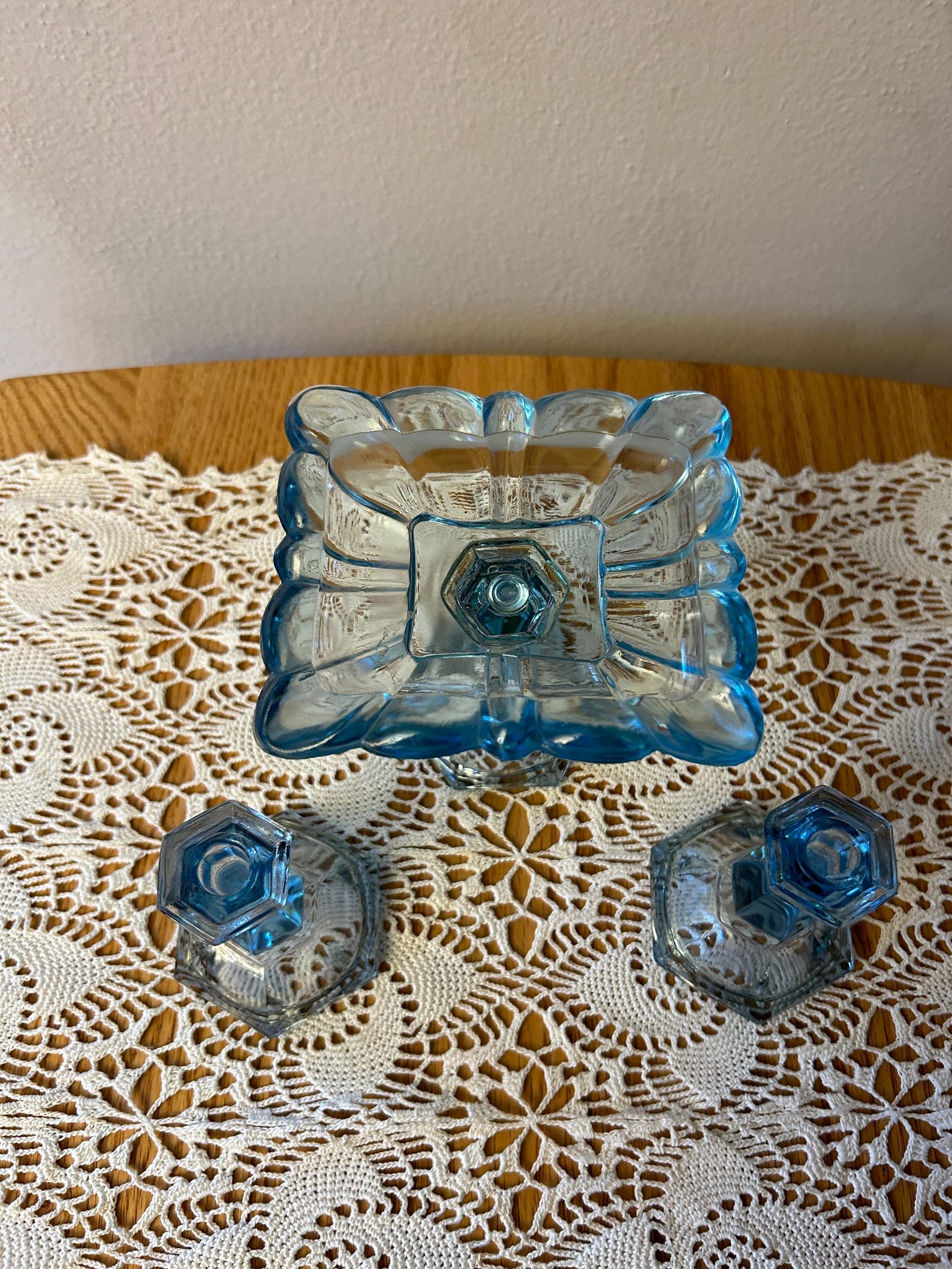 Blue Glass Footed Calling Card Tray and Candle Holders Tiara Indiana ...
