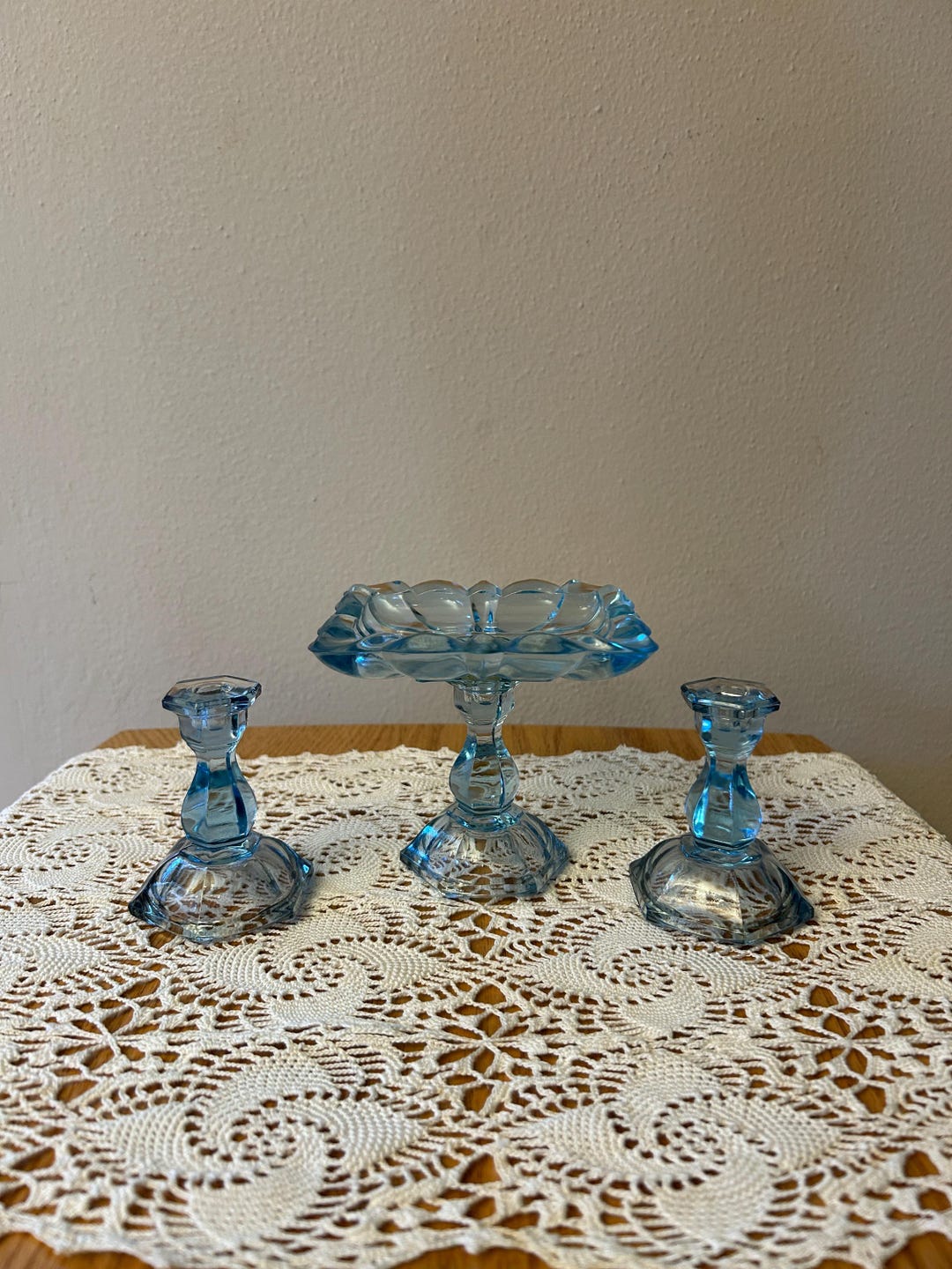 Blue Glass Footed Calling Card Tray and Candle Holders Tiara Indiana ...