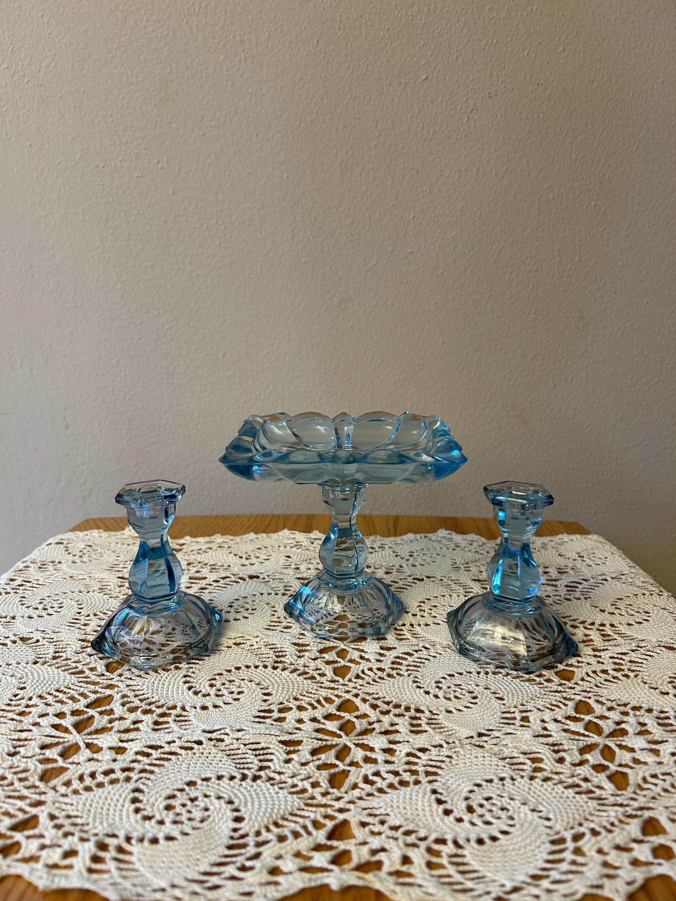 Blue Glass Footed Calling Card Tray and Candle Holders Tiara Indiana ...
