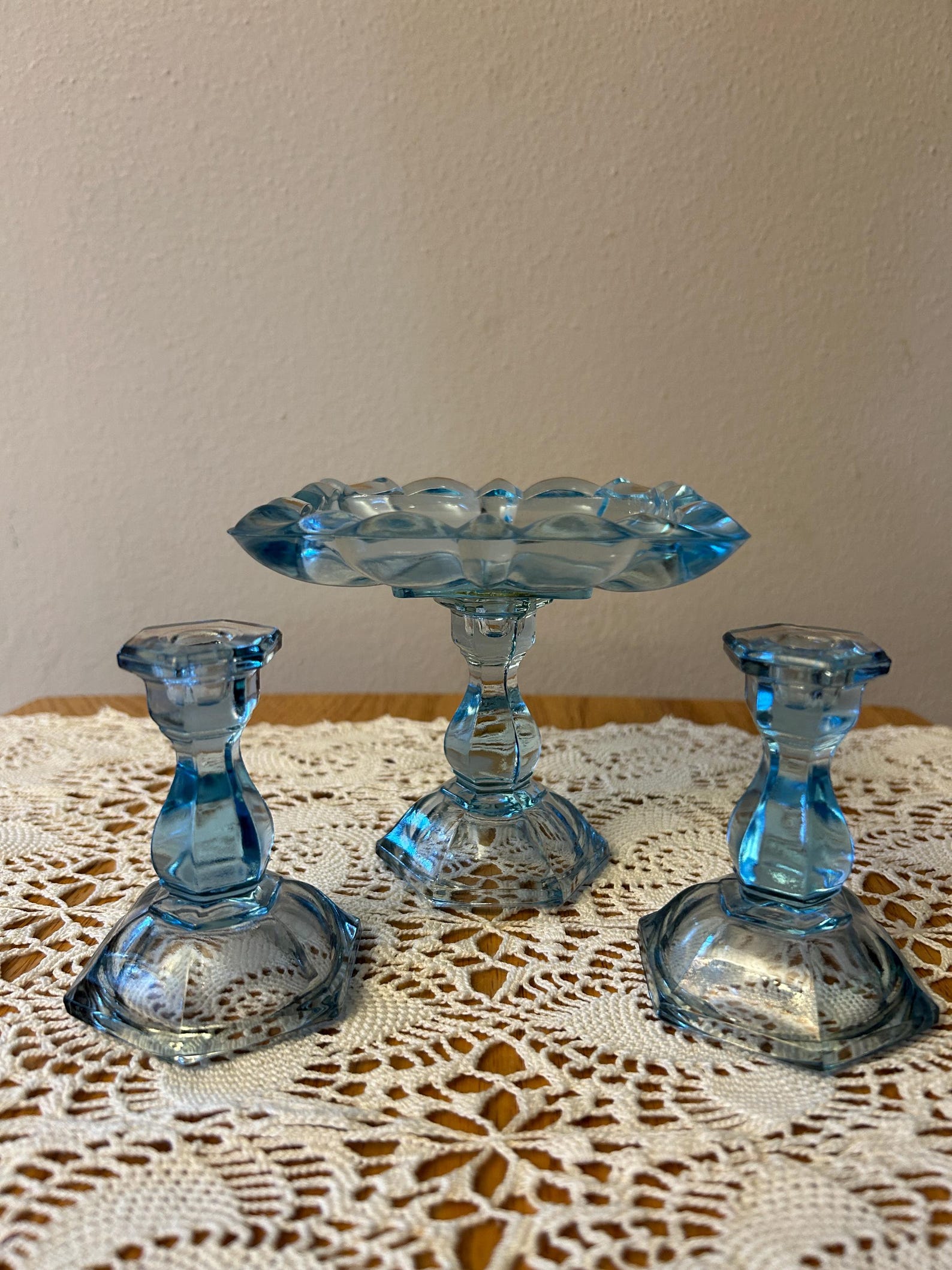 Blue Glass Footed Calling Card Tray and Candle Holders Tiara Indiana ...