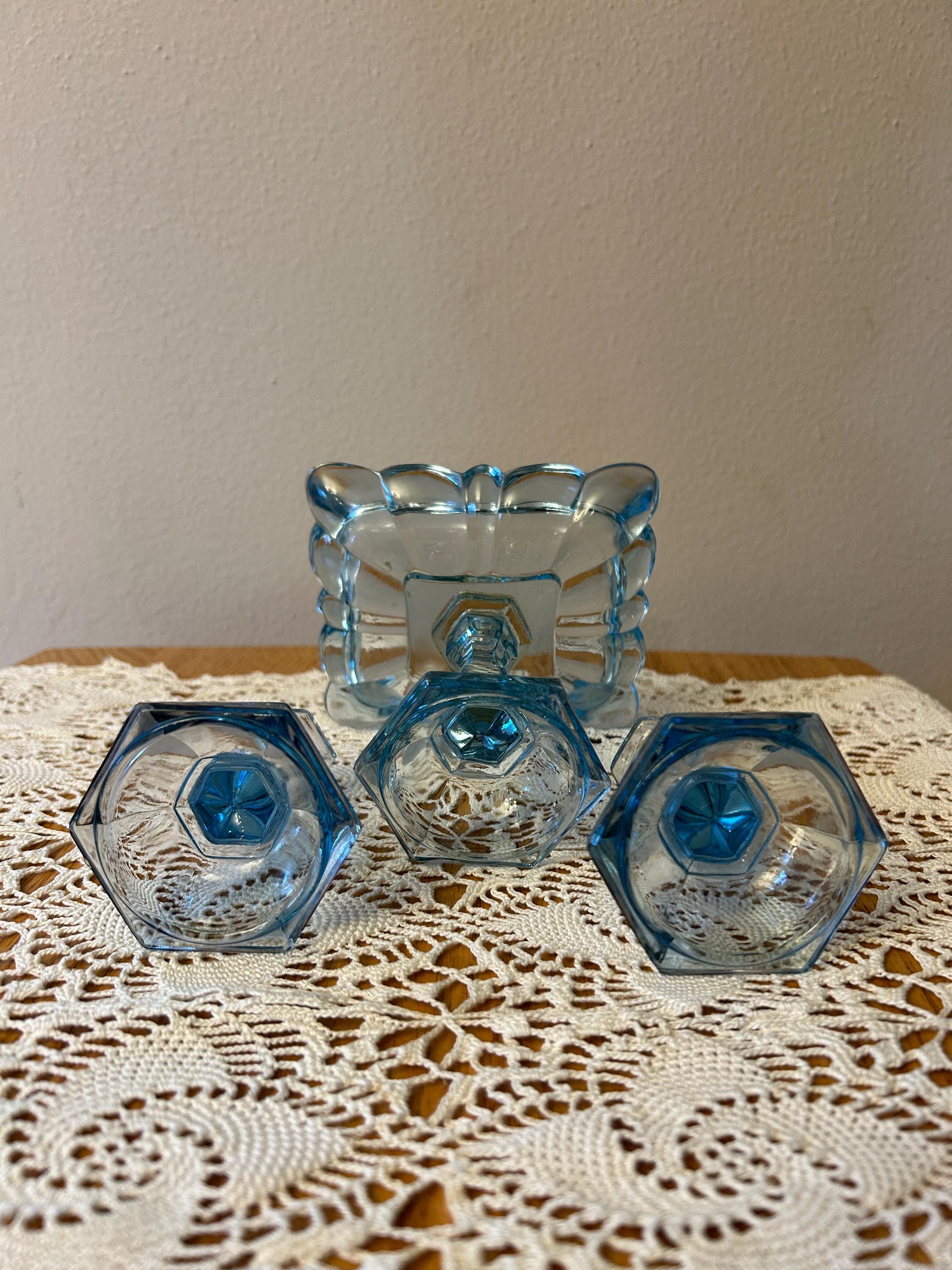 Blue Glass Footed Calling Card Tray and Candle Holders Tiara Indiana ...