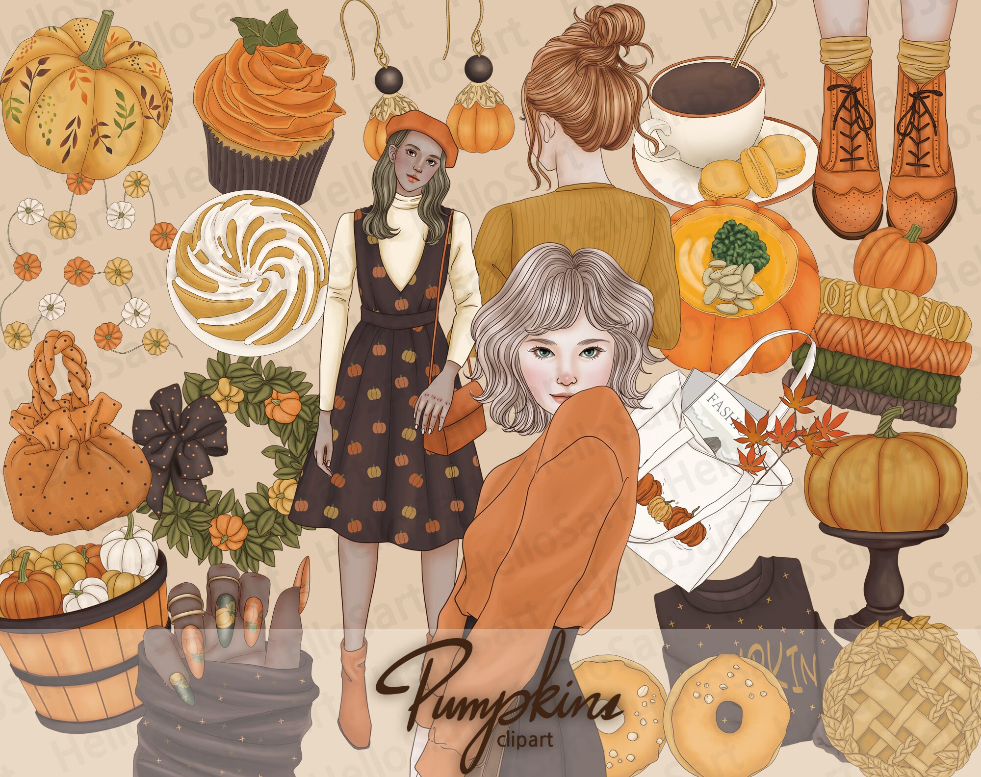 Pumpkin Clipart Fall Clipart Autumn Cozy Clipart Girl Clipart - Etsy