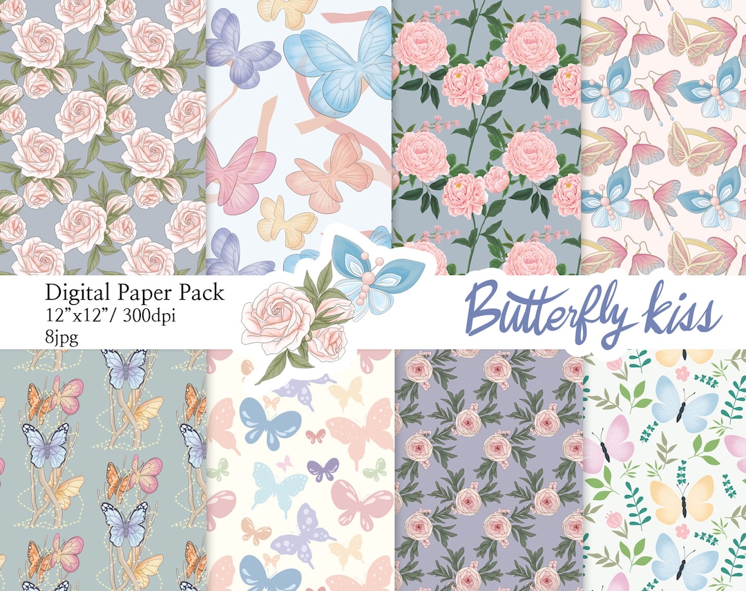 Butterfly Rose Floral Digital Paper: Seamless Scrapbook Patterns ...