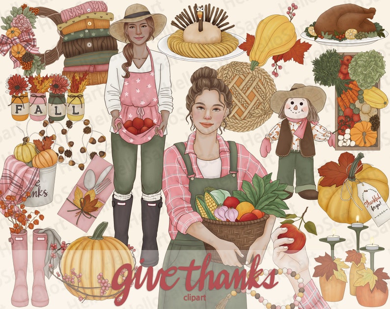 Give Thanks Clipart Harvest Clipart Fall Clipart Girl Clipart - Etsy