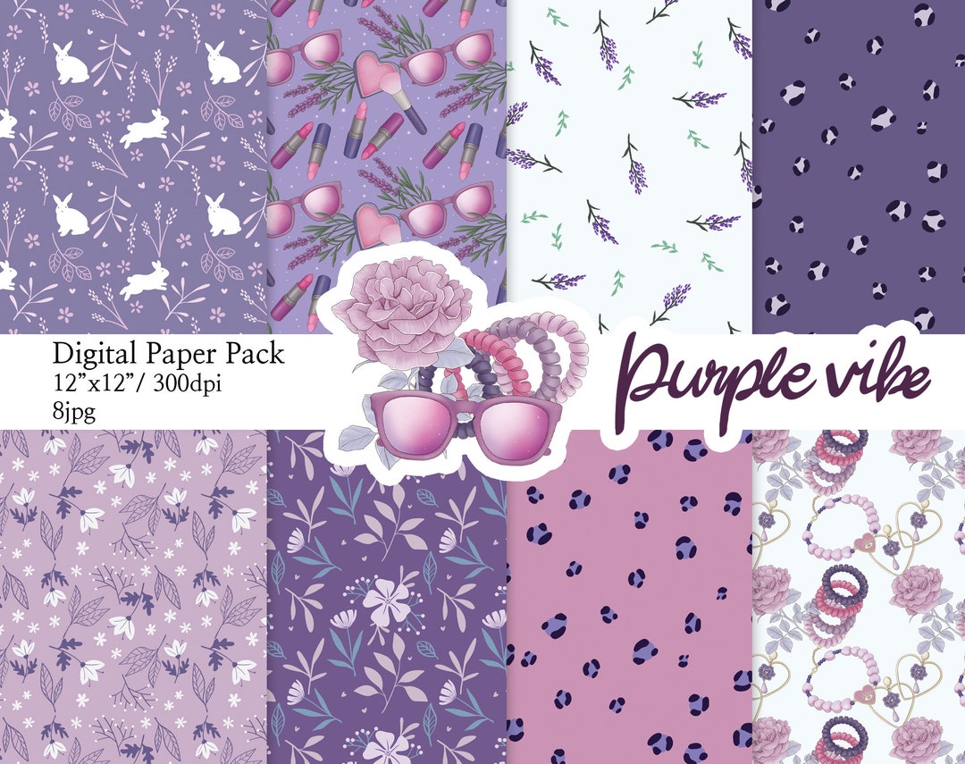 Purple Floral Digital Paper: Hand-drawn Scrapbook Patterns (12x12, JPG ...
