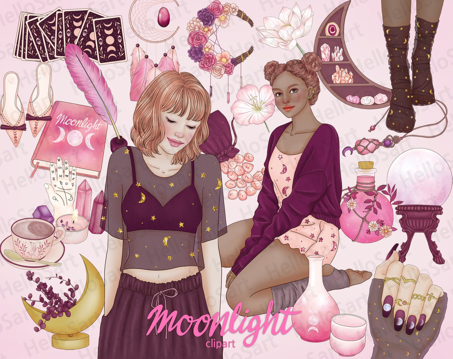 Moonlight Clipart Mystic Clipart Celestial Clipart Girl | Etsy