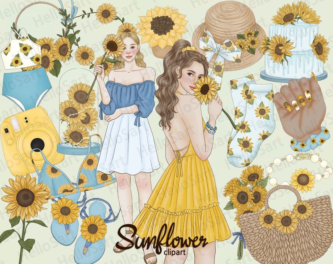 Sunflower Girl Clipart: Hand-drawn Floral Graphics (PNG) - Etsy