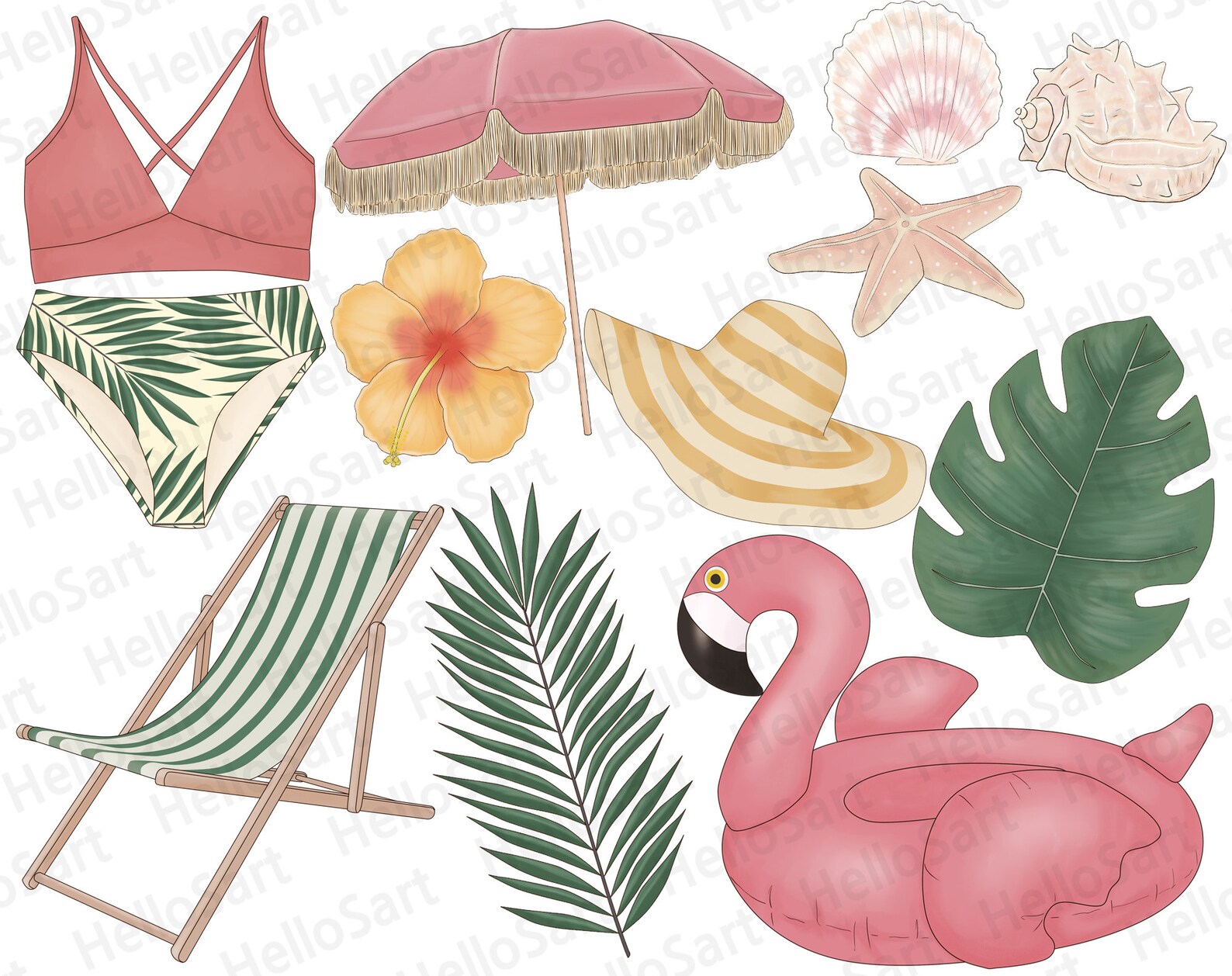 Summer Beach Clipart: Tropical Fashion Girls, Hand-drawn Graphics (PNG ...