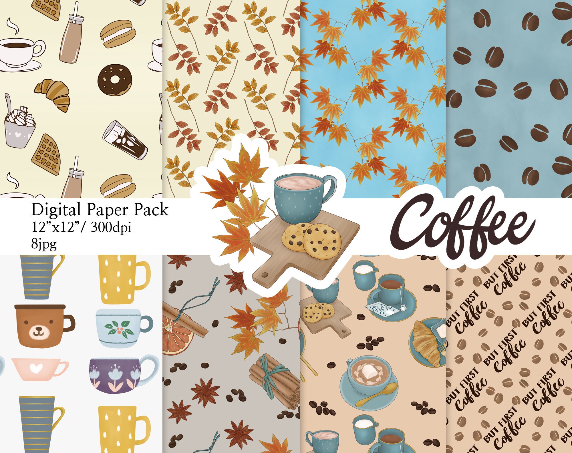 Coffee & Autumn Digital Paper: Cafe Seamless Patterns (digital Download ...