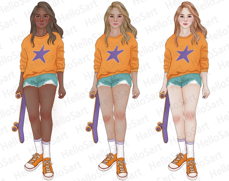 Skateboarding Clipart Skater Clipart Girl Clipart Fashion - Etsy