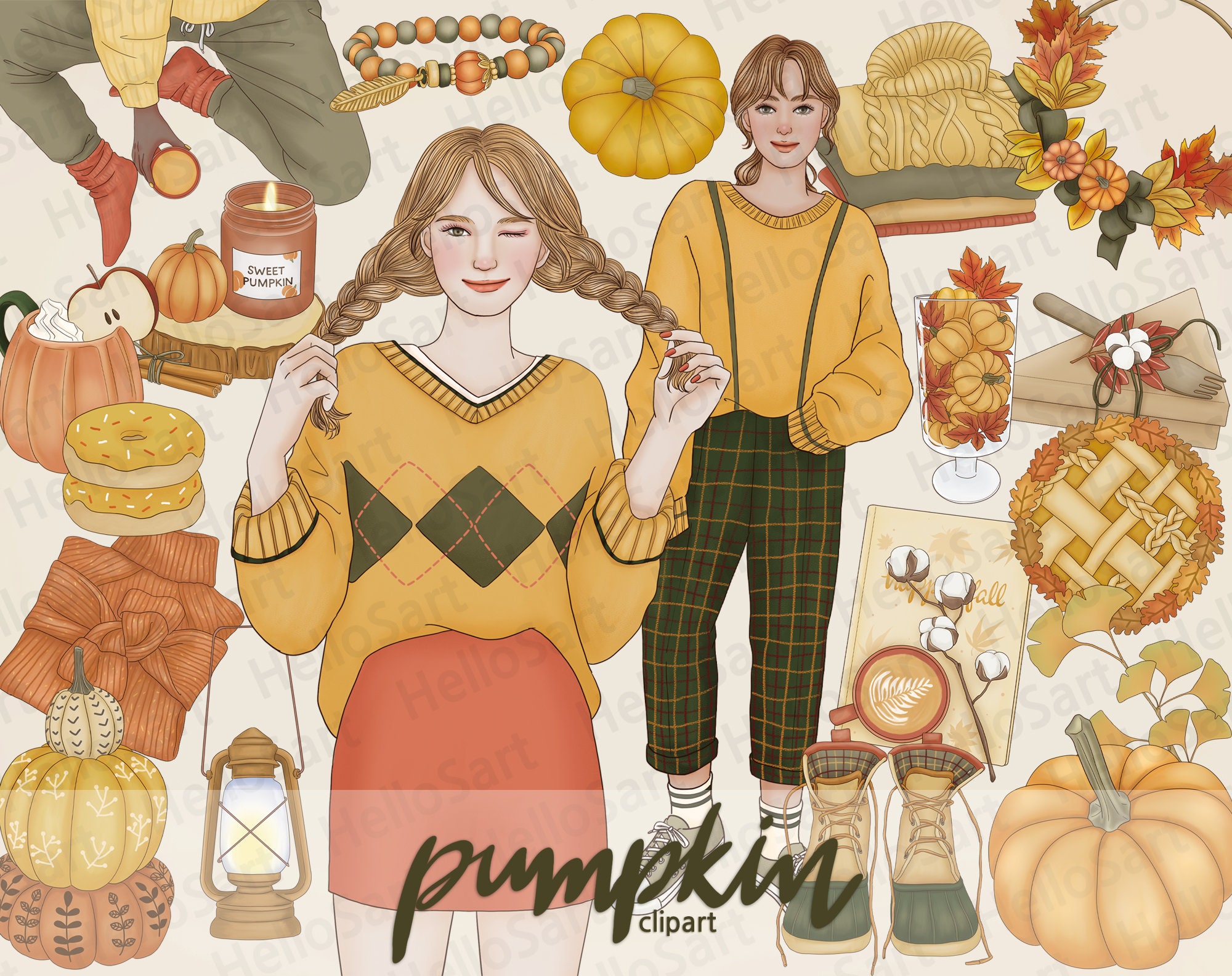 Pumpkin Fall Clipart Autumn Clipart Cozy Clipart Girl Clipart - Etsy