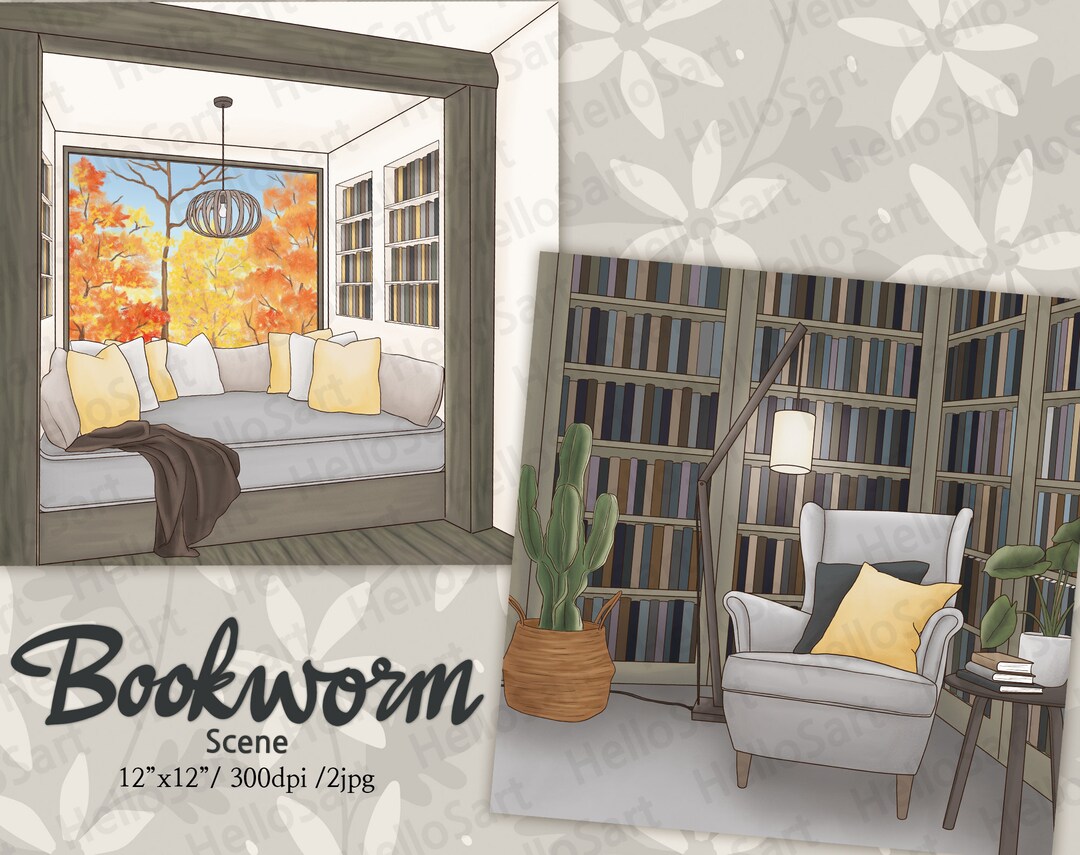 Bookworm Scene: Cozy Library Illustration (JPG Digital Download) - Etsy
