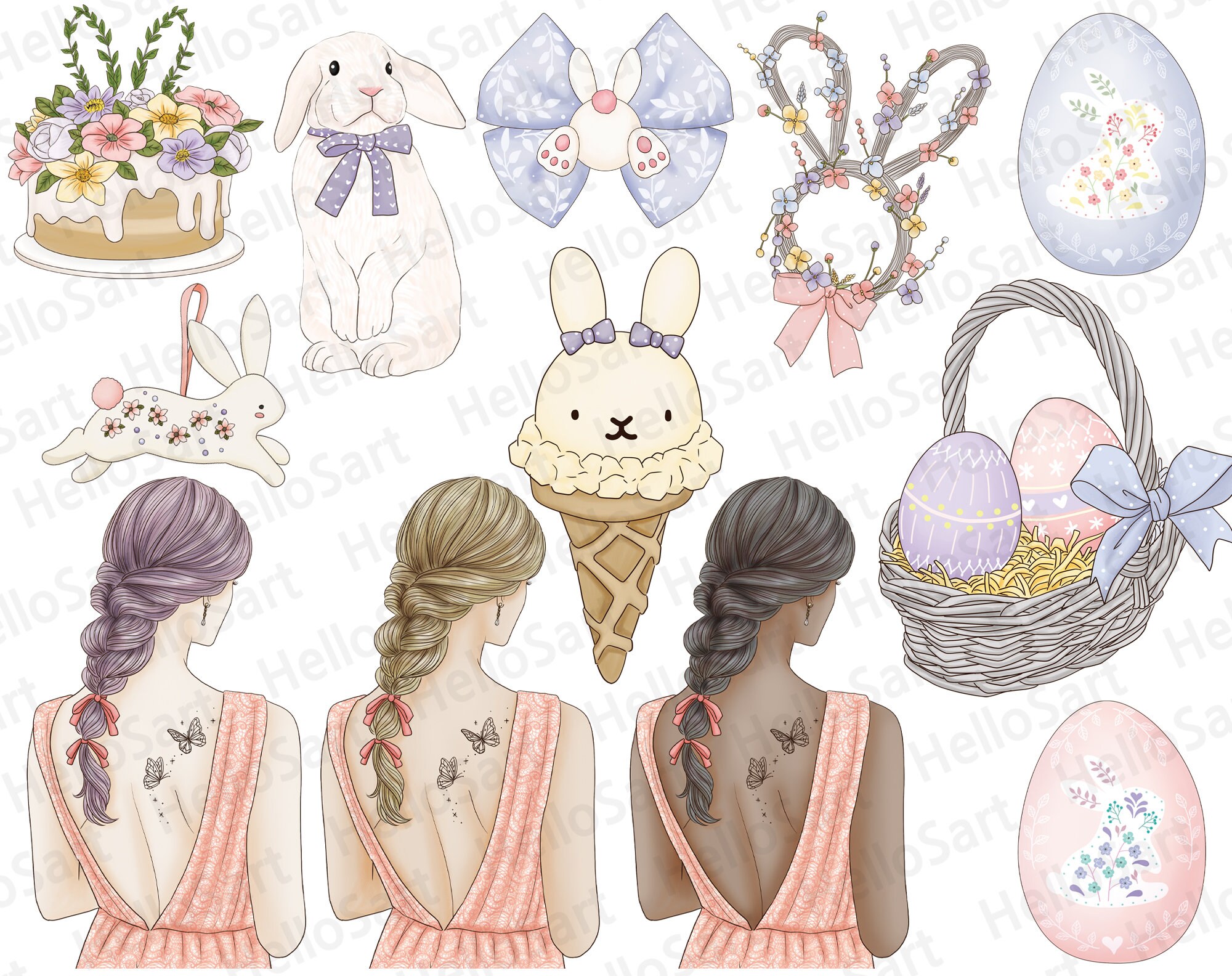 Hand-drawn Easter Clipart: Bunny, Egg, & Girl Graphics (PNG Digital ...