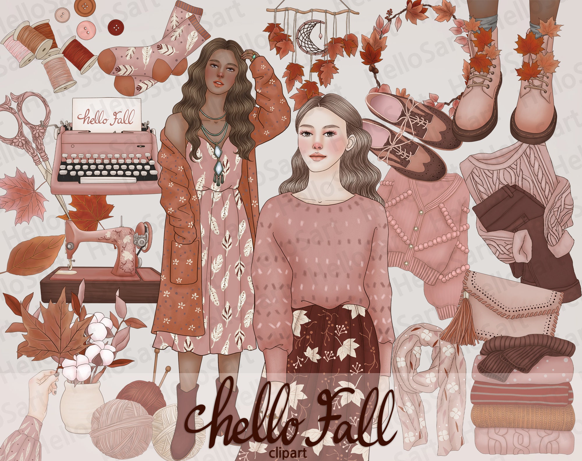 Hello Fall Clipart Autumn Clipart Cozy Clipart Girl Clipart - Etsy