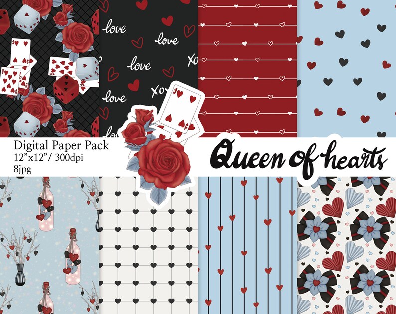 Queen of Hearts Digital Paper: Valentine Scrapbook Pattern (12x12, 8 ...