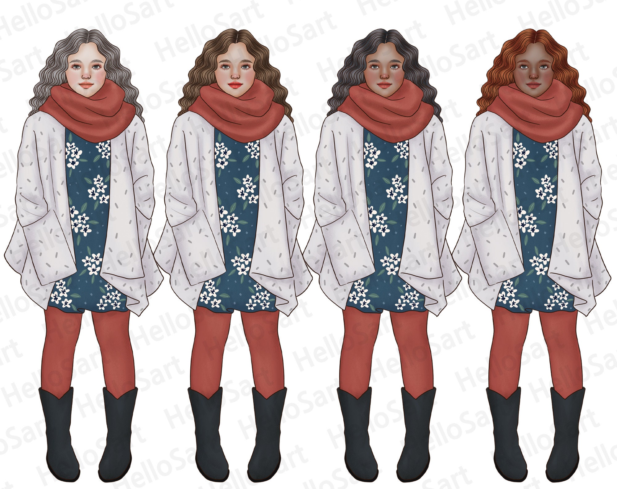Winter Boho Clipart Christmas Clipart Cozy Clipart Girl - Etsy