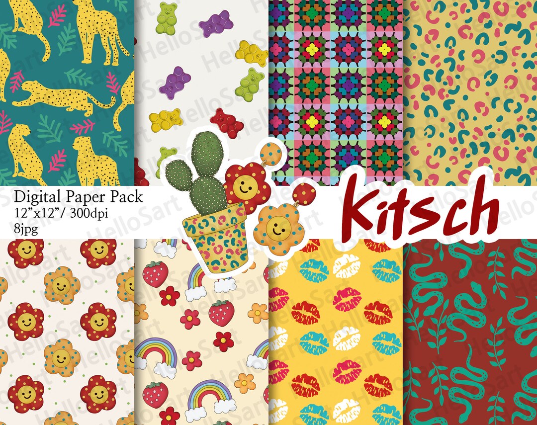 Kitsch Digital Paper: Colorful Patterns for Planner Stickers (12x12, 8 ...