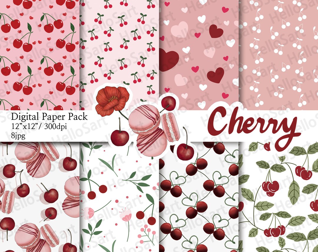 Cherry Paper Fruit Pattern Pink Patterns Planner Sticker Digital Paper ...