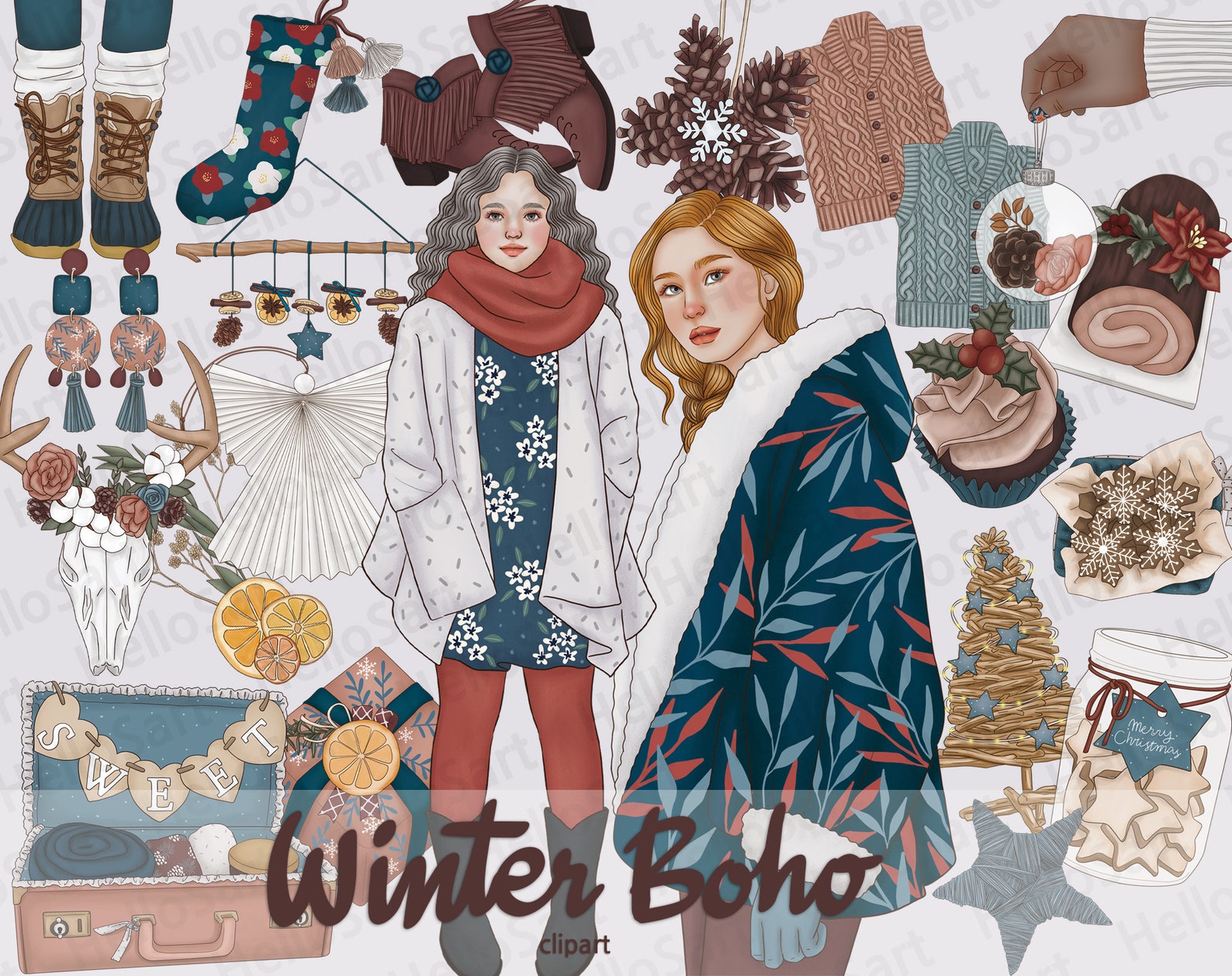 Winter Boho Clipart Christmas Clipart Cozy Clipart Girl - Etsy