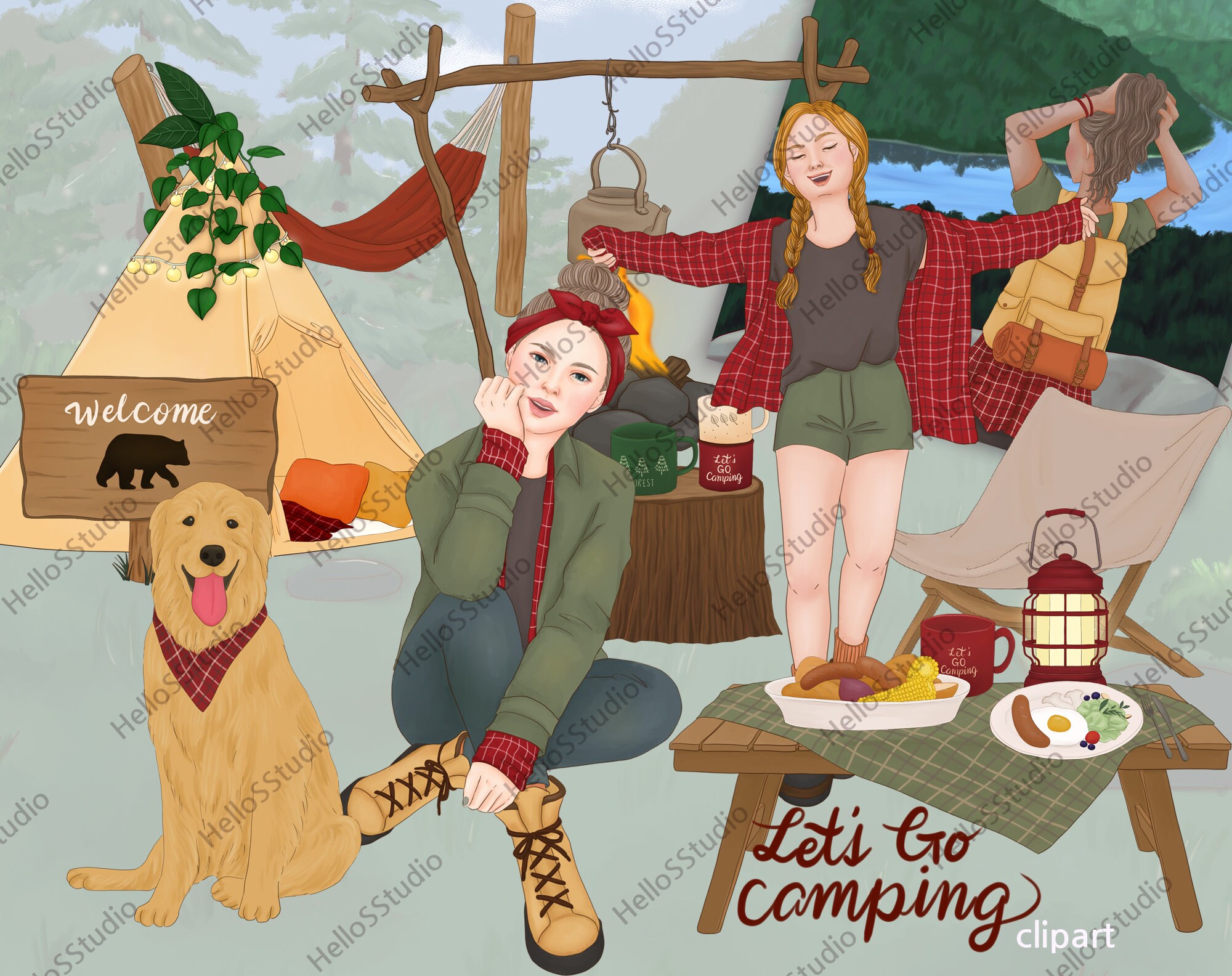 Camping Clipart Glamping Clipart Outdoor Clip Art Girl Clipart - Etsy