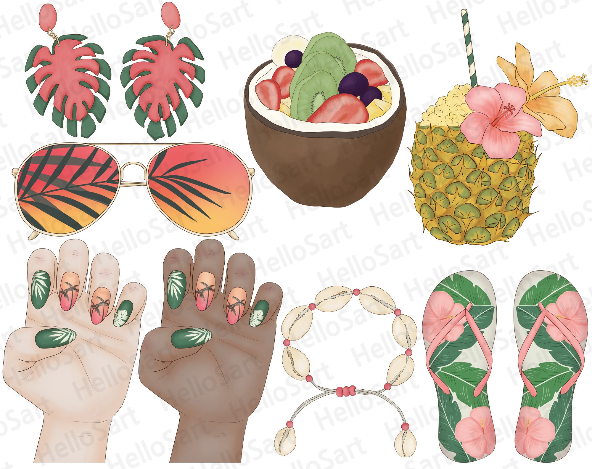 Summer Beach Clipart: Tropical Fashion Girls, Hand-drawn Graphics (PNG ...