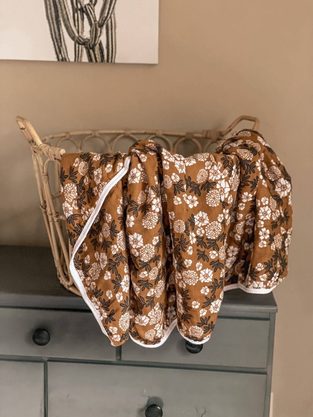 Handmade 4-layer Muslin Quilt: Marigold Floral, Brown, 47x47 Cotton ...