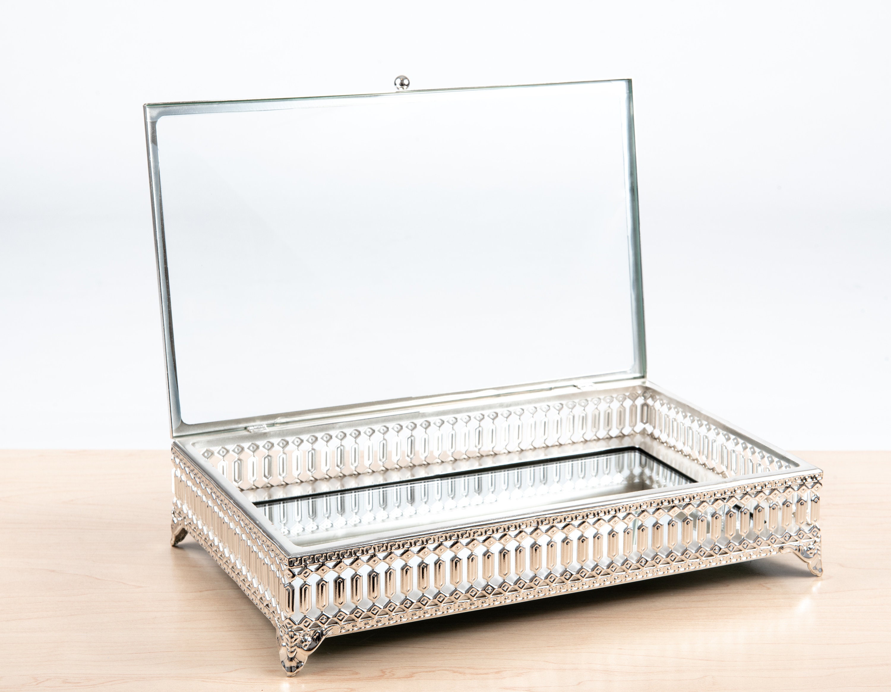 Decorative Silver Jewelry Box with Glass Lid Mirrored Jewelry | Etsy