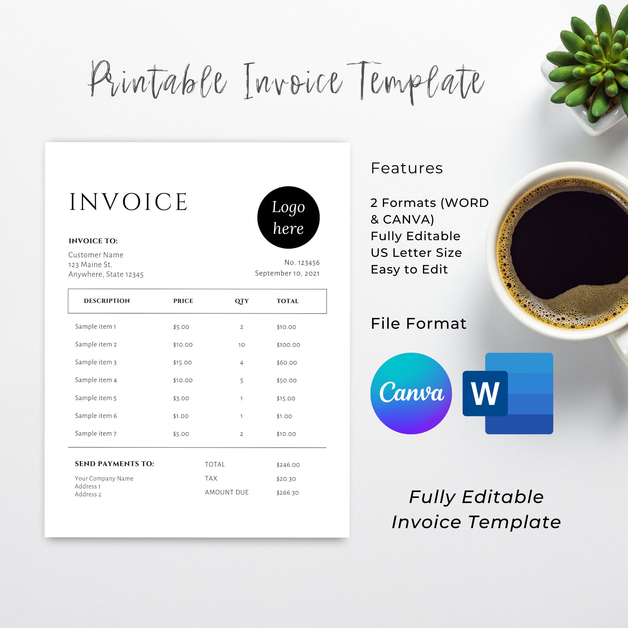 Printable Invoice Template | Word and Canva | Editable Template ...