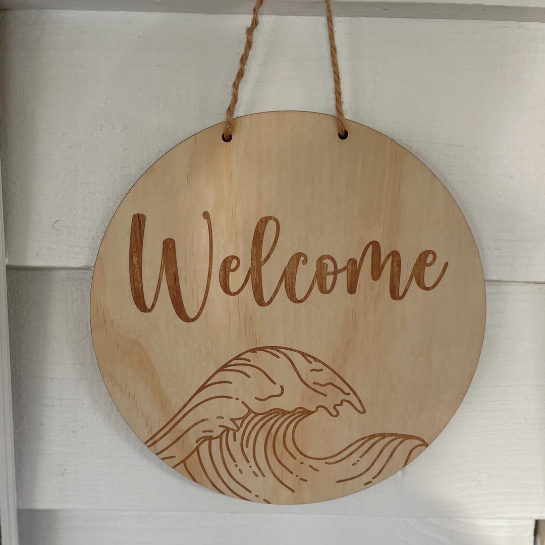 Wooden Engraved Wave Welcome Sign | Coastal Beach House Décor ...