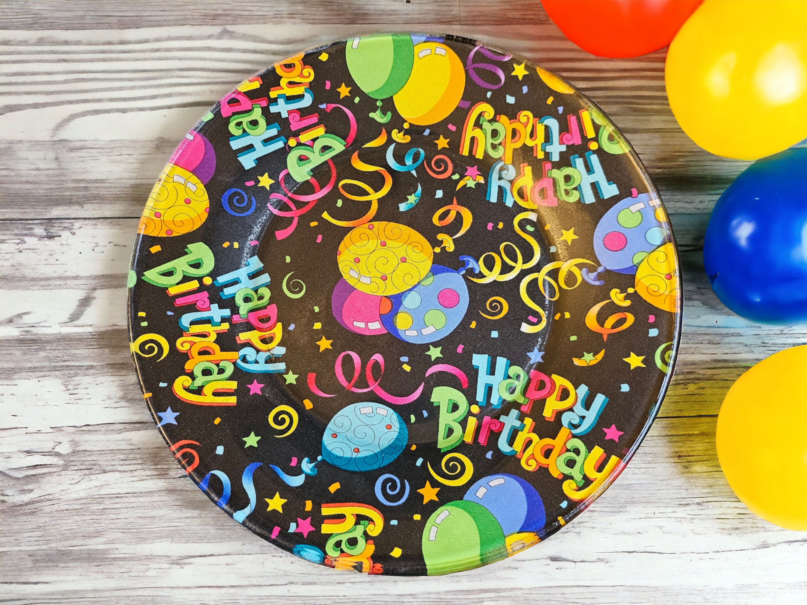 Happy Birthday Glass Plate, Balloons and Streamer, Glass Plate With ...