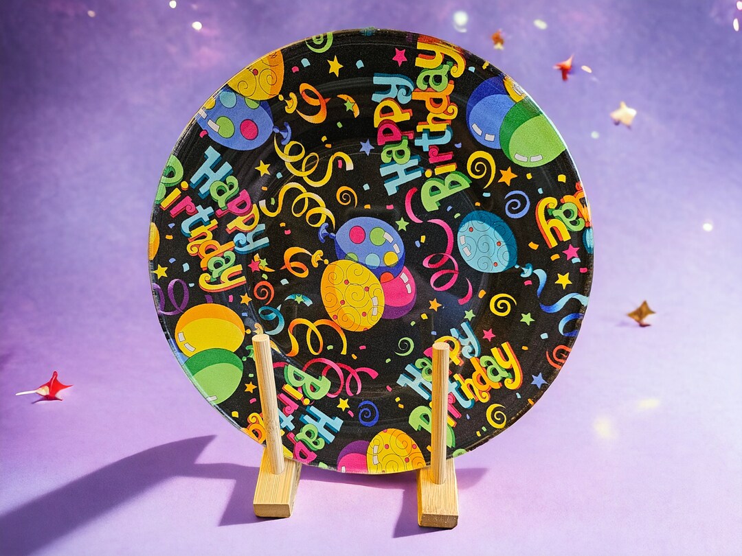 Happy Birthday Glass Plate, Balloons and Streamer, Glass Plate With ...