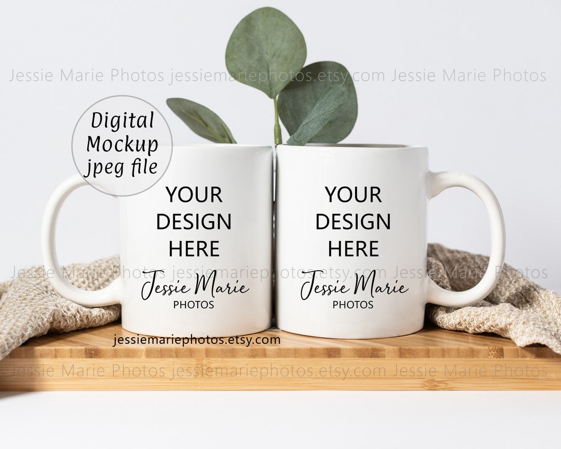 White Double Mug Mockup 11oz Pair, Blank Two Mugs Mock Up, Greenery ...